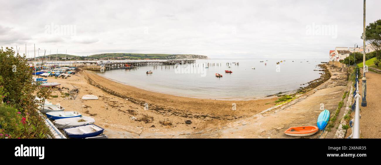 Panorama of fishing boats in harbour. Swanage Bay, Dorset, UK Stock ...