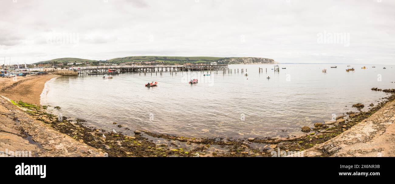 Panorama of fishing boats in harbour. Swanage Bay, Dorset, UK Stock ...
