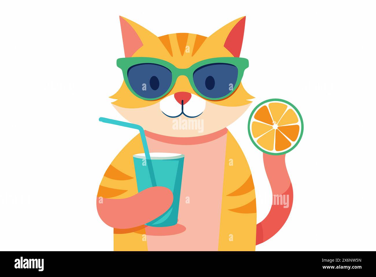 Cat in sunglasses enjoying fruit cocktail. Isolated on white background ...