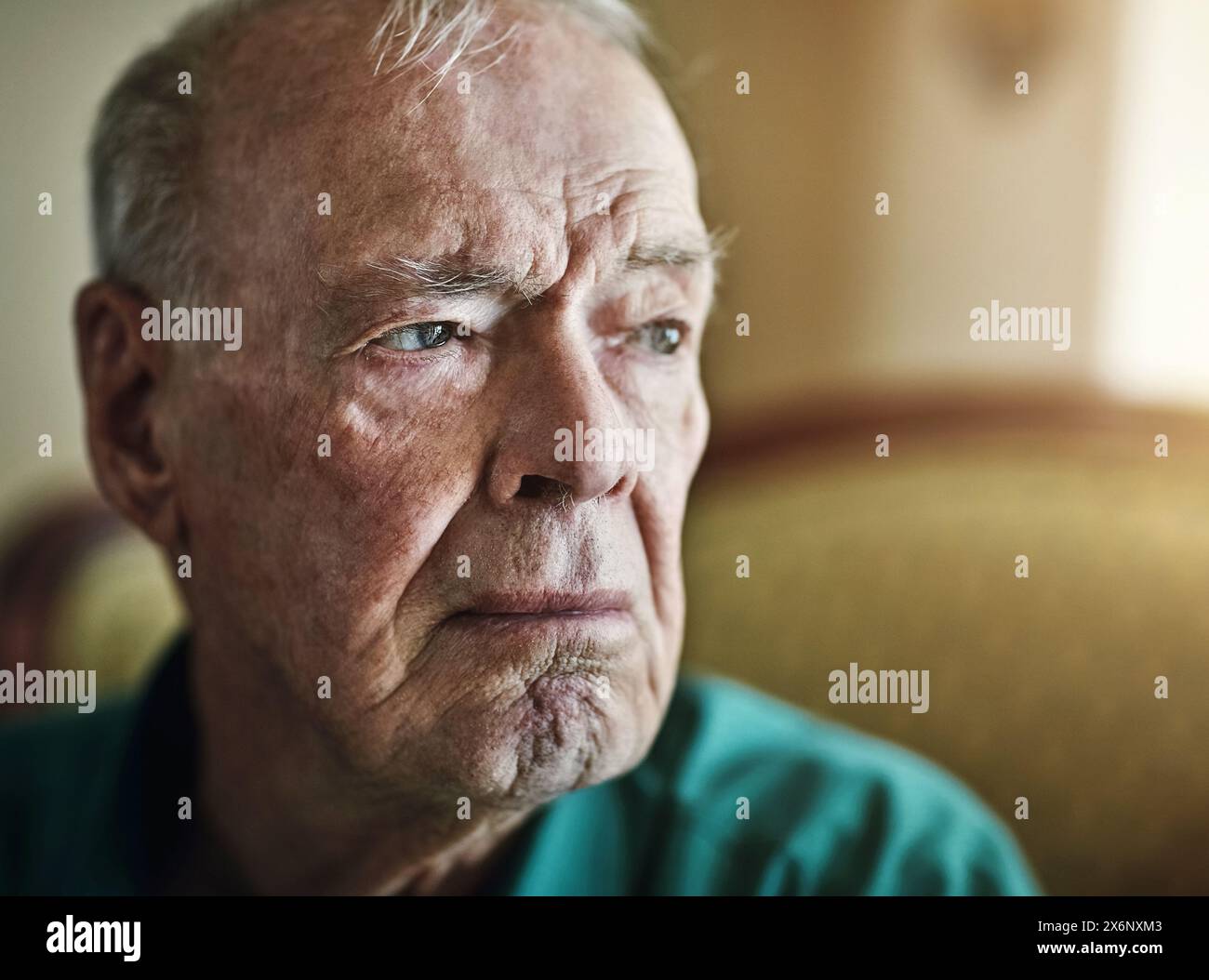 Elderly, man and thinking with depression for memory in retirement home with remember, nostalgia ...