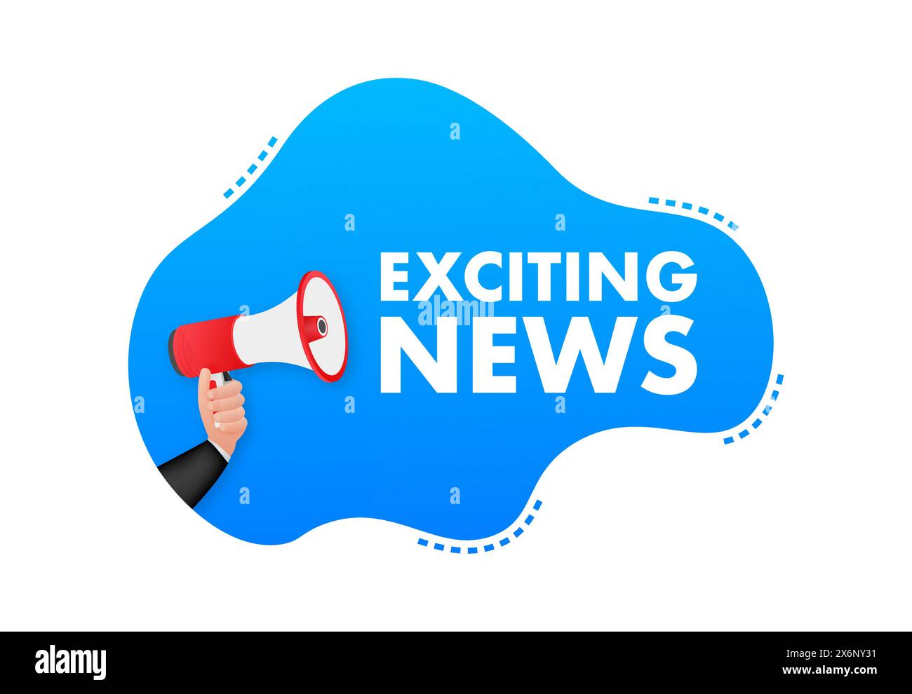 Exciting News text with Megaphone label. Megaphone in hand promotion banner. Marketing and ...