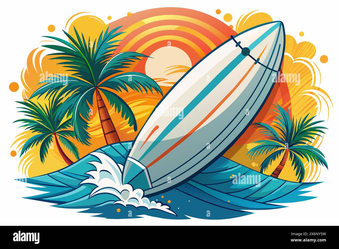 Surfboard and palm trees on a tropical beach. Concept of summer ...