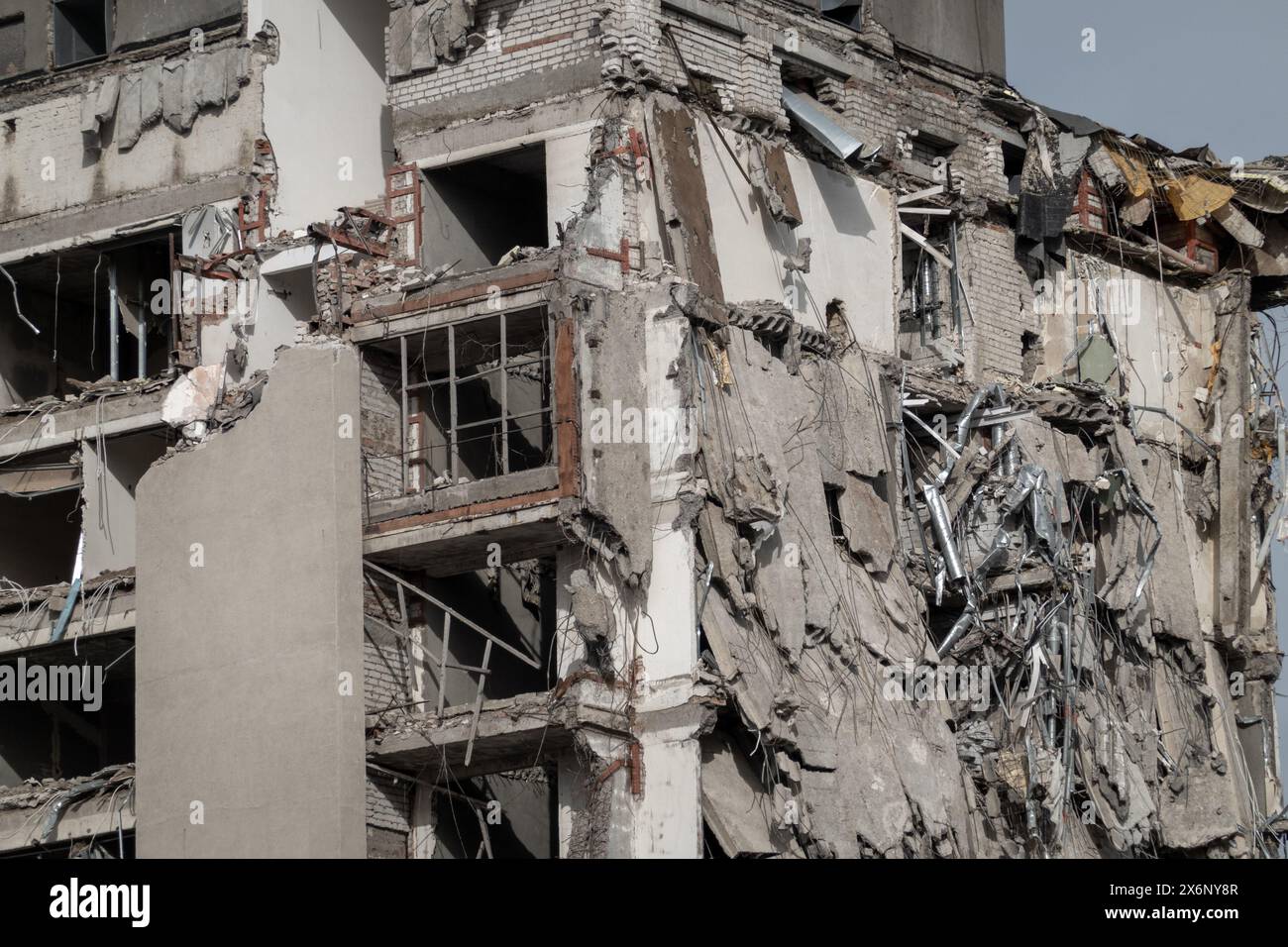 Close-up of a partially destroyed building showing exposed interior ...