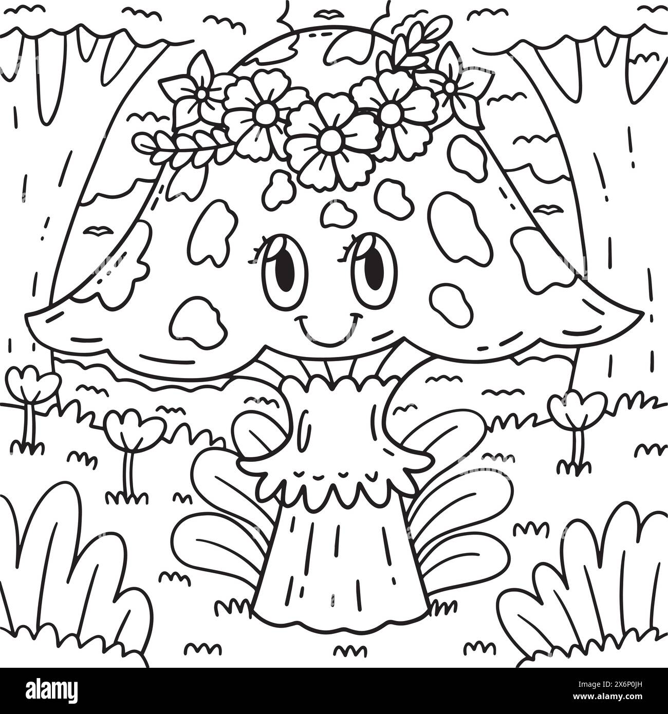 Mushroom with Flower Crown Coloring Page for Kids Stock Vector Image ...