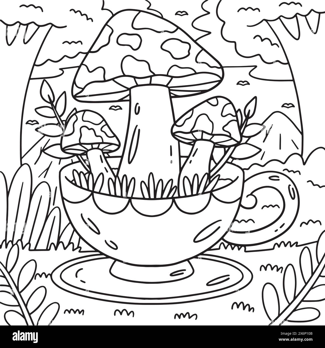 Mushrooms Sprouting from Teacup Coloring Page Stock Vector Image & Art ...