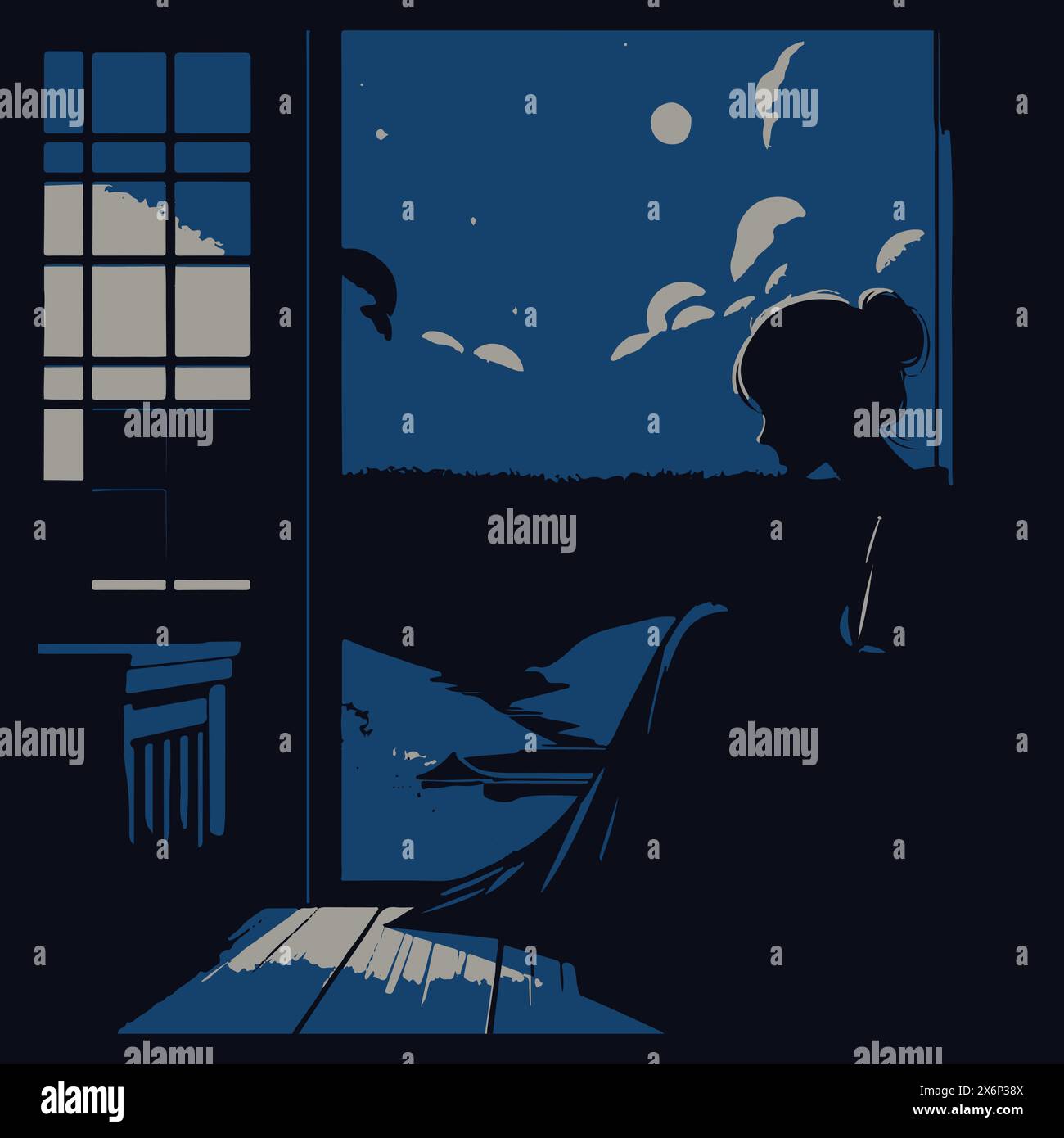 Reflective Silhouette of a Sad Woman by the Window: Evocative Nighttime ...