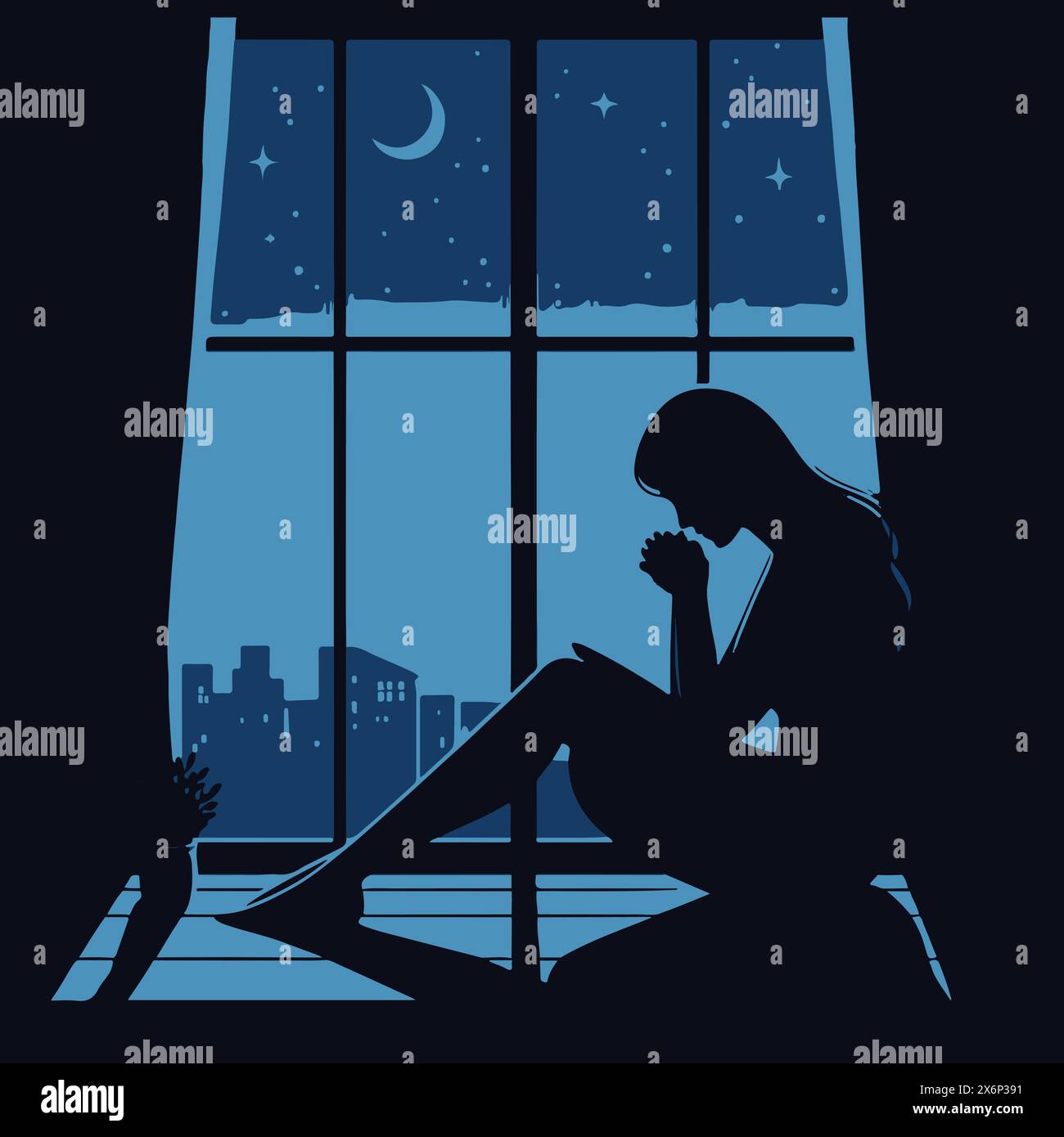 Reflective Silhouette of a Sad Woman by the Window: Evocative Nighttime ...