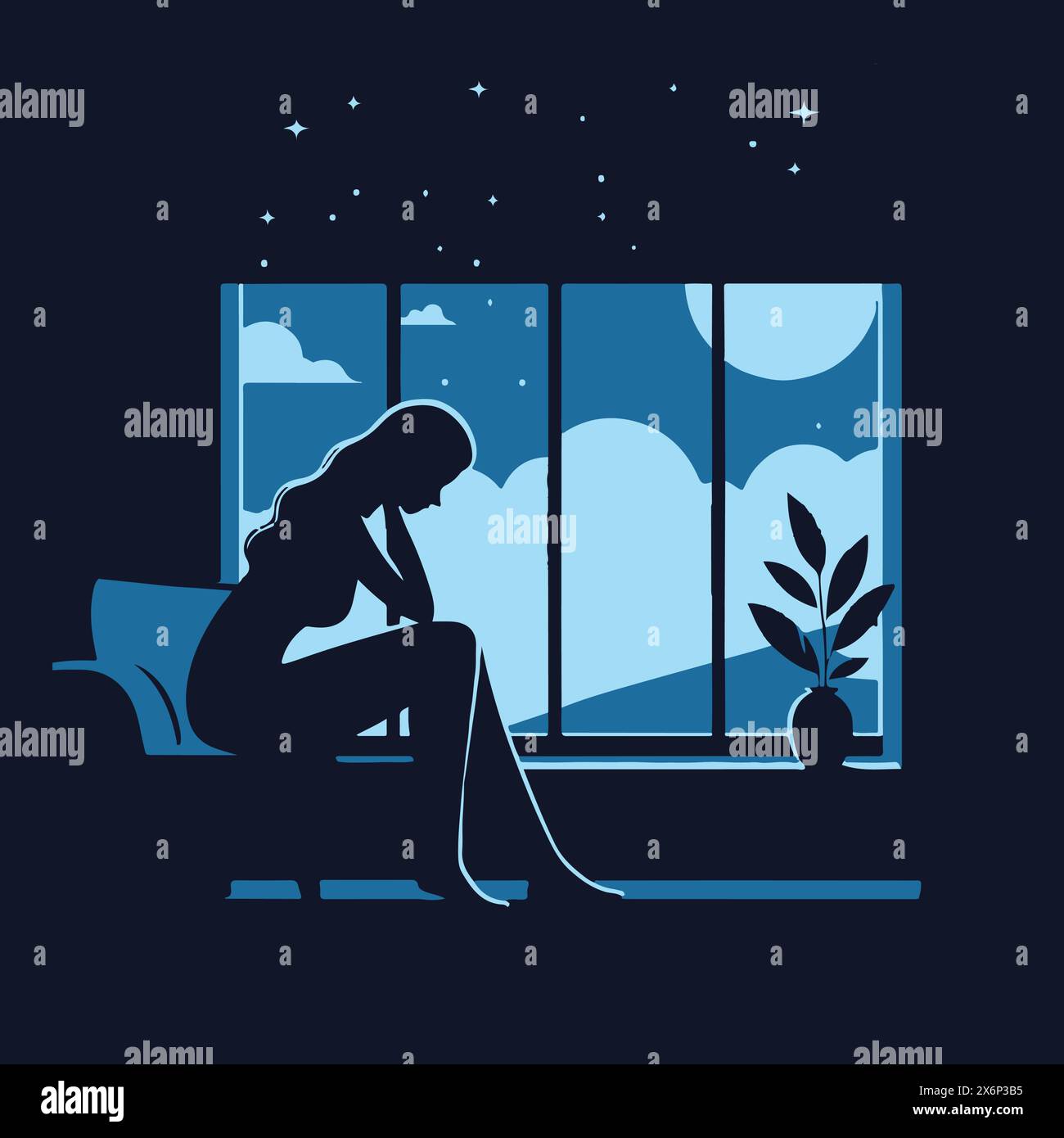 Reflective Silhouette of a Sad Woman by the Window: Evocative Nighttime ...