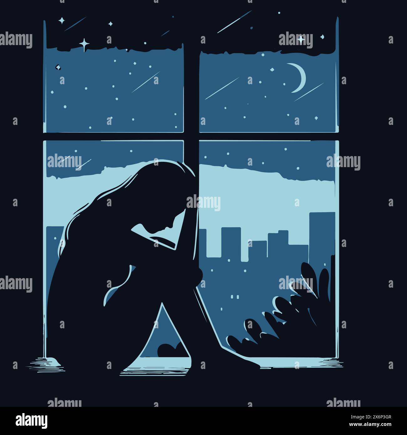 Reflective Silhouette of a Sad Woman by the Window: Evocative Nighttime ...