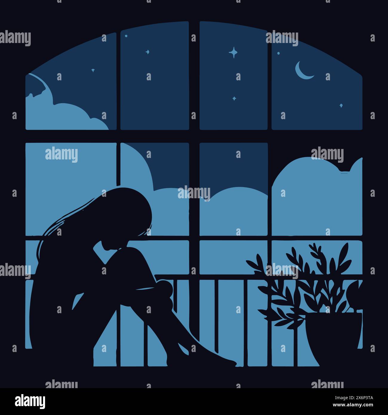Reflective Silhouette of a Sad Woman by the Window: Evocative Nighttime ...