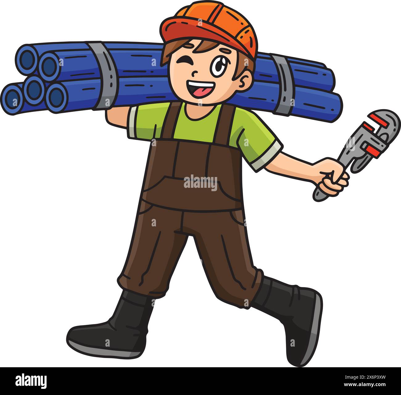 Construction Plumber with a Pipe Cartoon Clipart Stock Vector Image ...