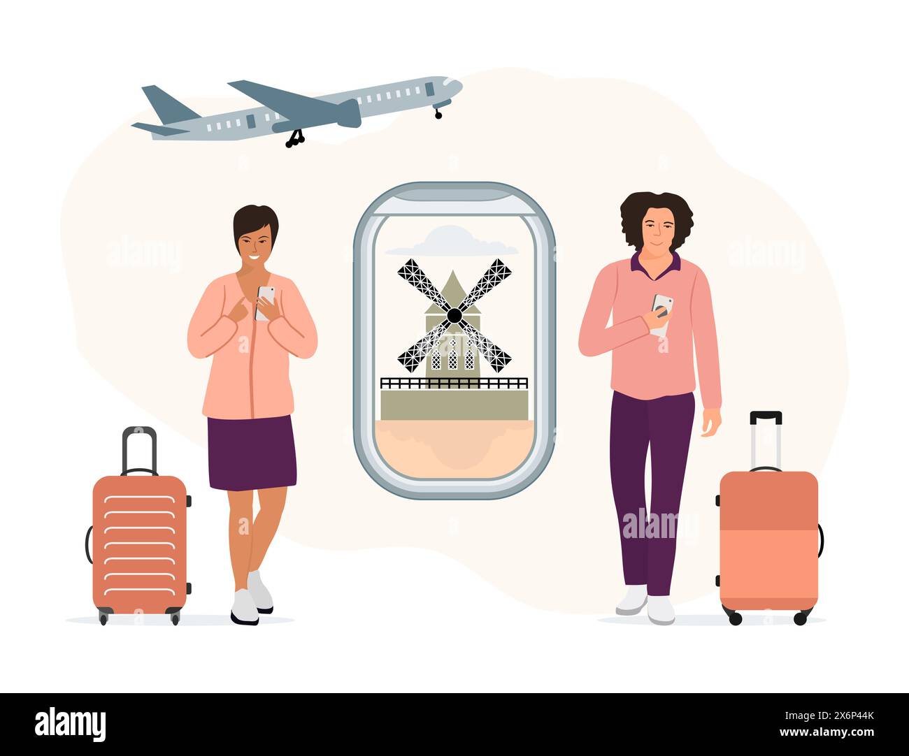 Vector illustration People go on journey. Man and girl with suitcase ...