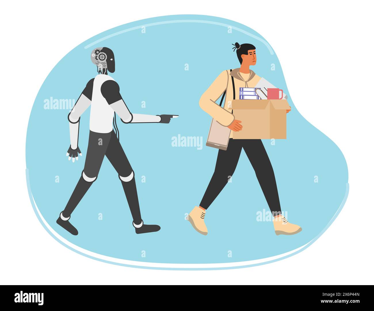 Smart AI robot took workplace, sad fired man hold box. Unemployment ...