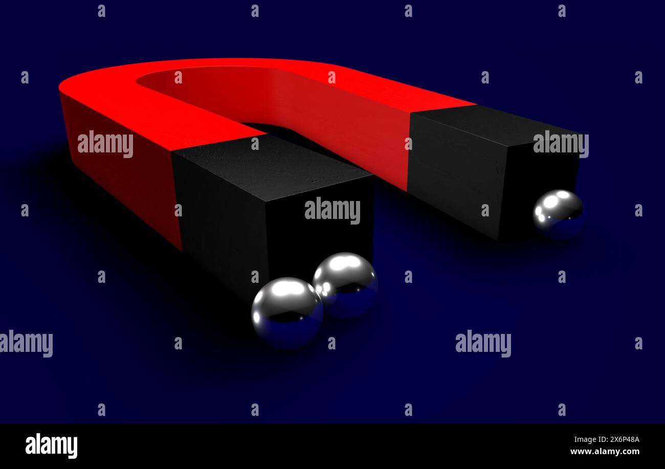 3D illustration of a magnet on a blue background with steel balls Stock ...