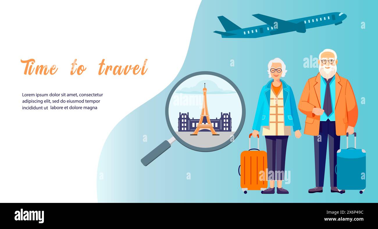 Vector travel illustration Retired Elderly couple Man, woman with ...