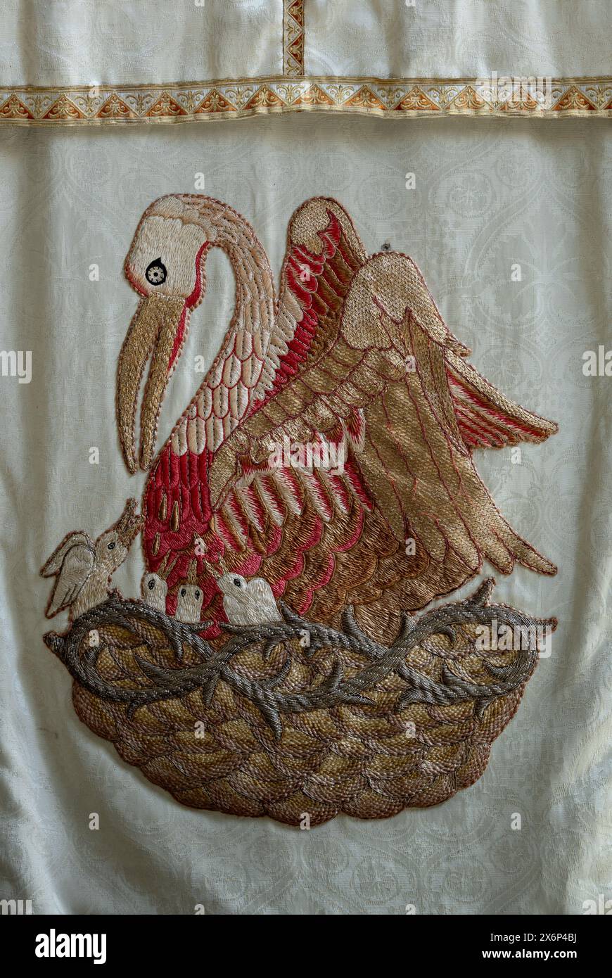 Altar cloth detail, pelican in her piety, St. Peter and St. Clare ...