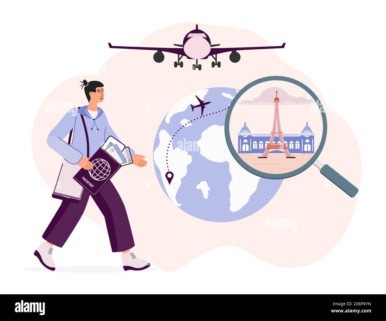 Vector travel illustration People go on journey. Man with bag hold ...
