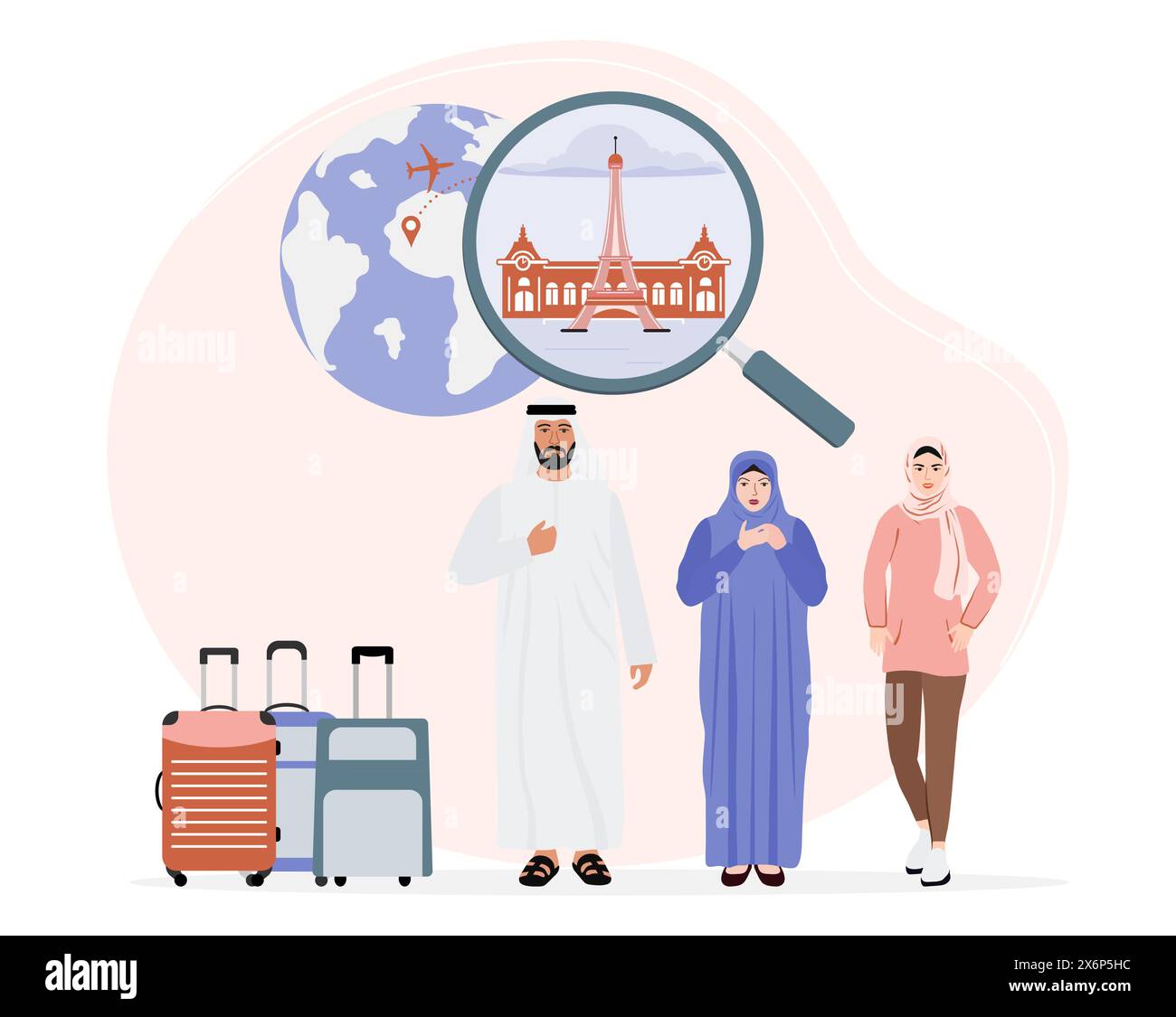 Vector travel illustration Muslim man, womans. Suitcases. Airplane ...