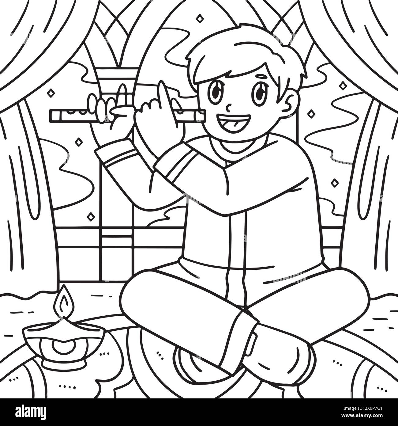 Diwali Child Playing Flute Coloring Page for Kids Stock Vector Image ...