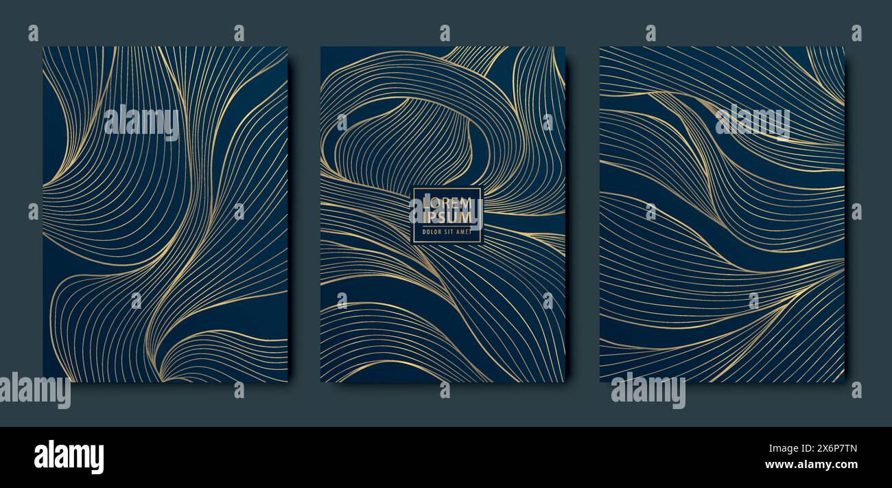 Vector set of golden leaf luxury backgrounds, wave elegant card ...