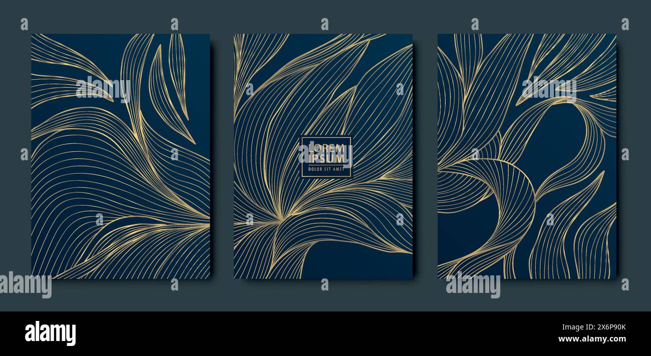 Vector set of golden leaf luxury backgrounds, wave elegant card ...