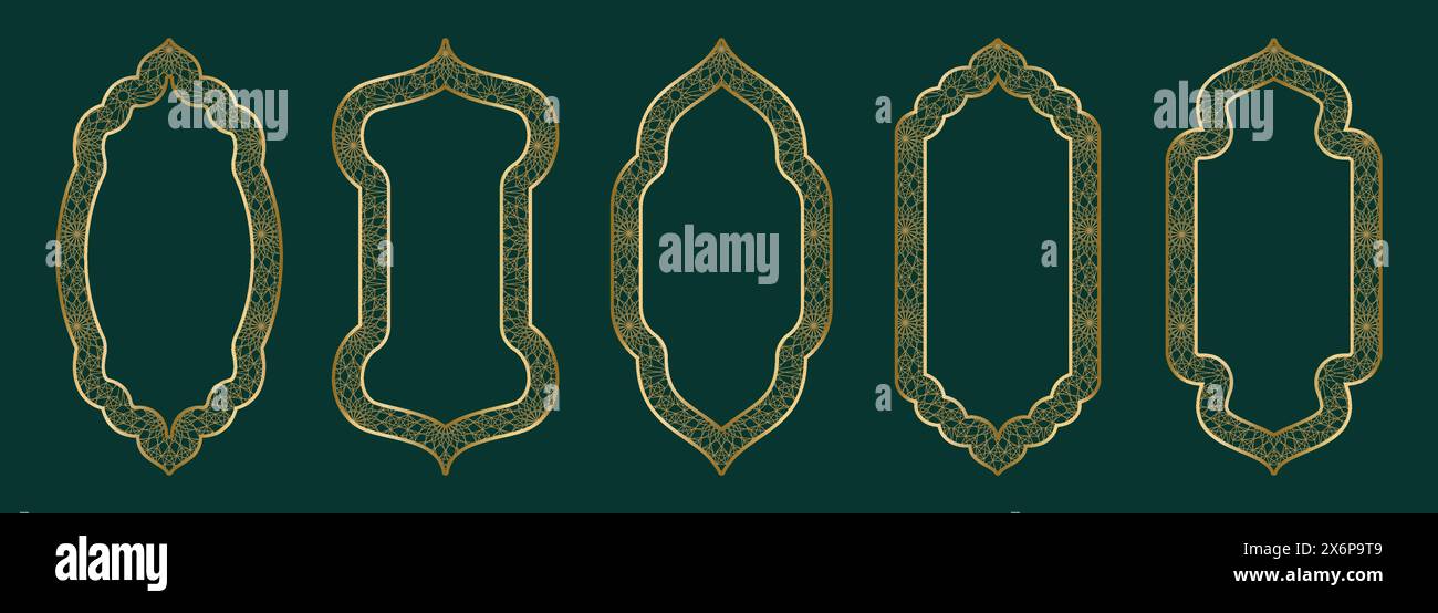 Gold arch frame shape Islamic door or window with geometric girikh ...
