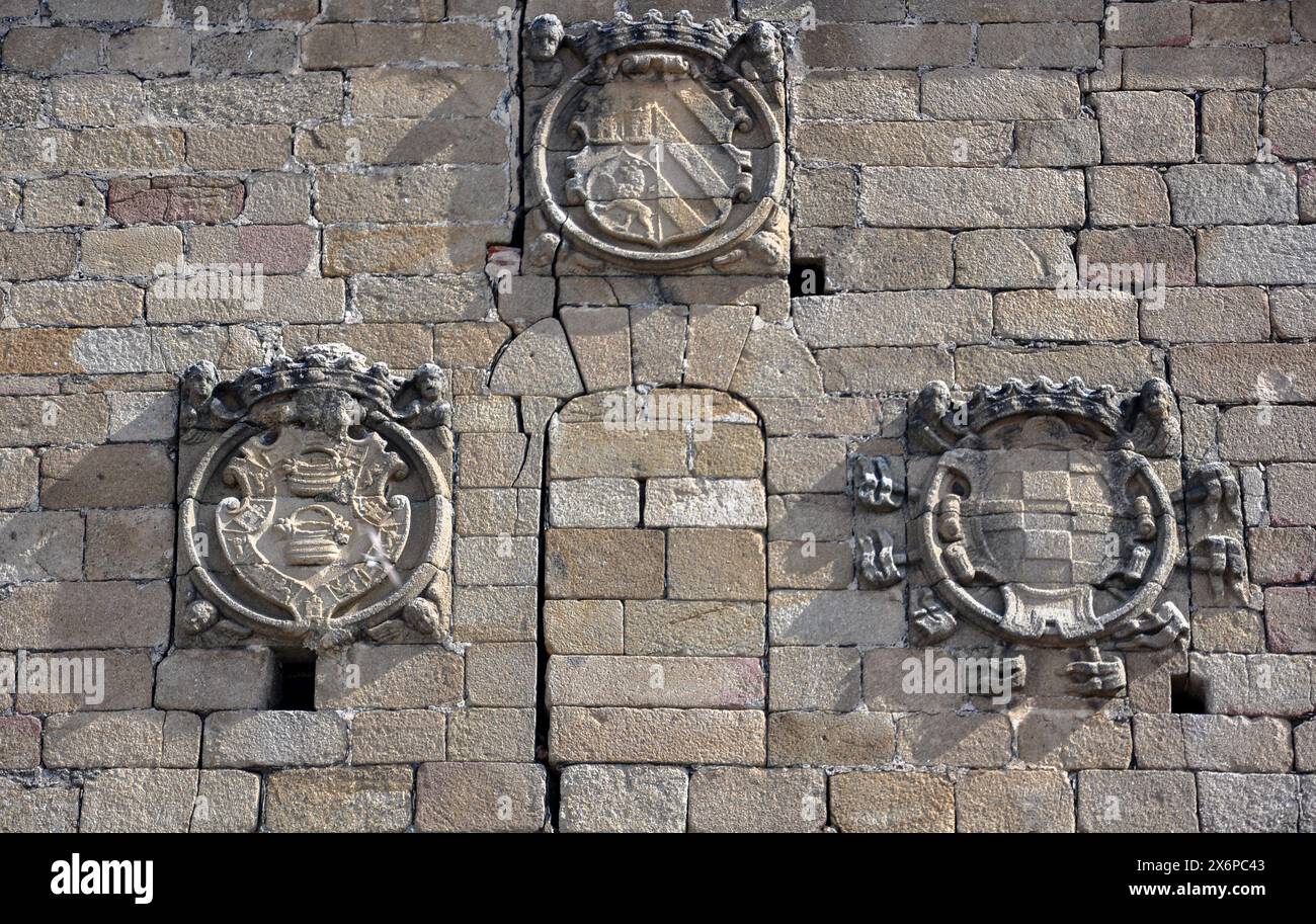 Monumental city of Garrovillas, old heraldic shields in the tower of ...