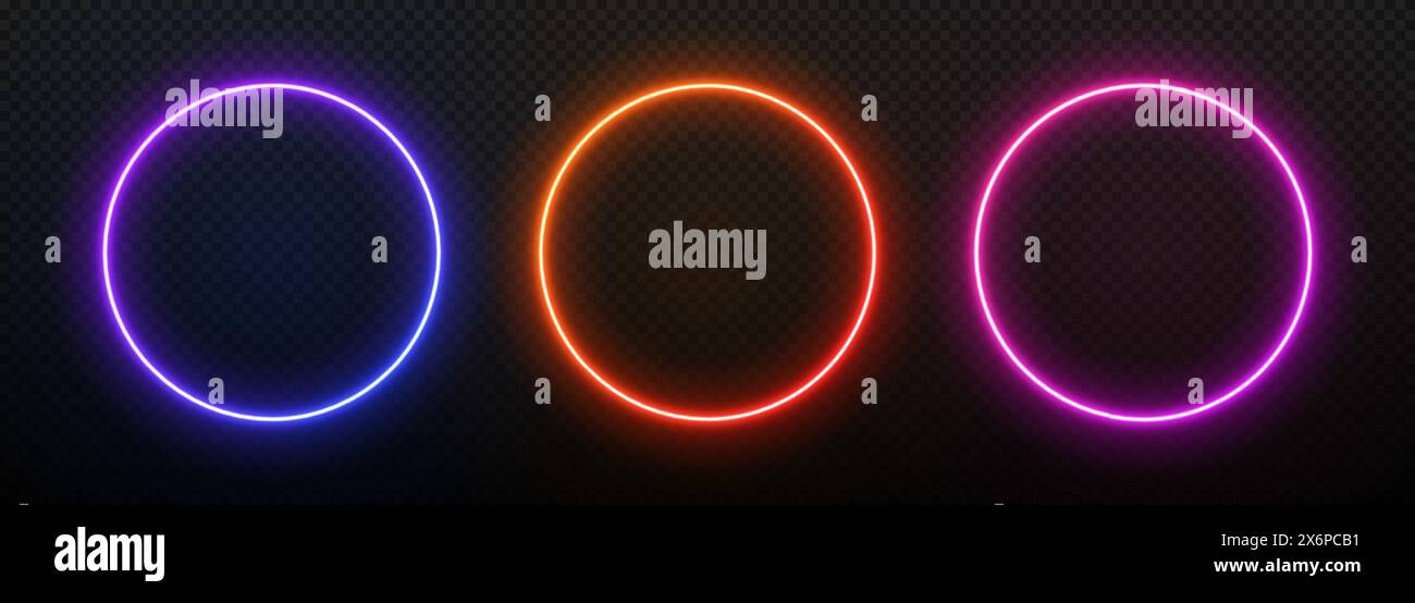 Neon light round frame. Gradient circle border with led glow. Laser bright ring. Fluorescent ...