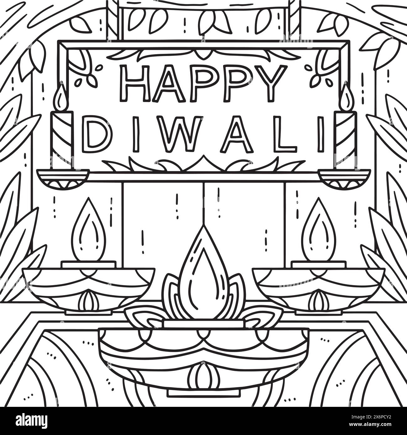 Happy Diwali on Top of Candle Coloring Page Stock Vector Image & Art ...