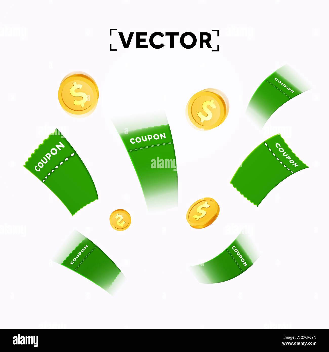 3d coupon flying up with motion blur and golden coins, isolated on ...