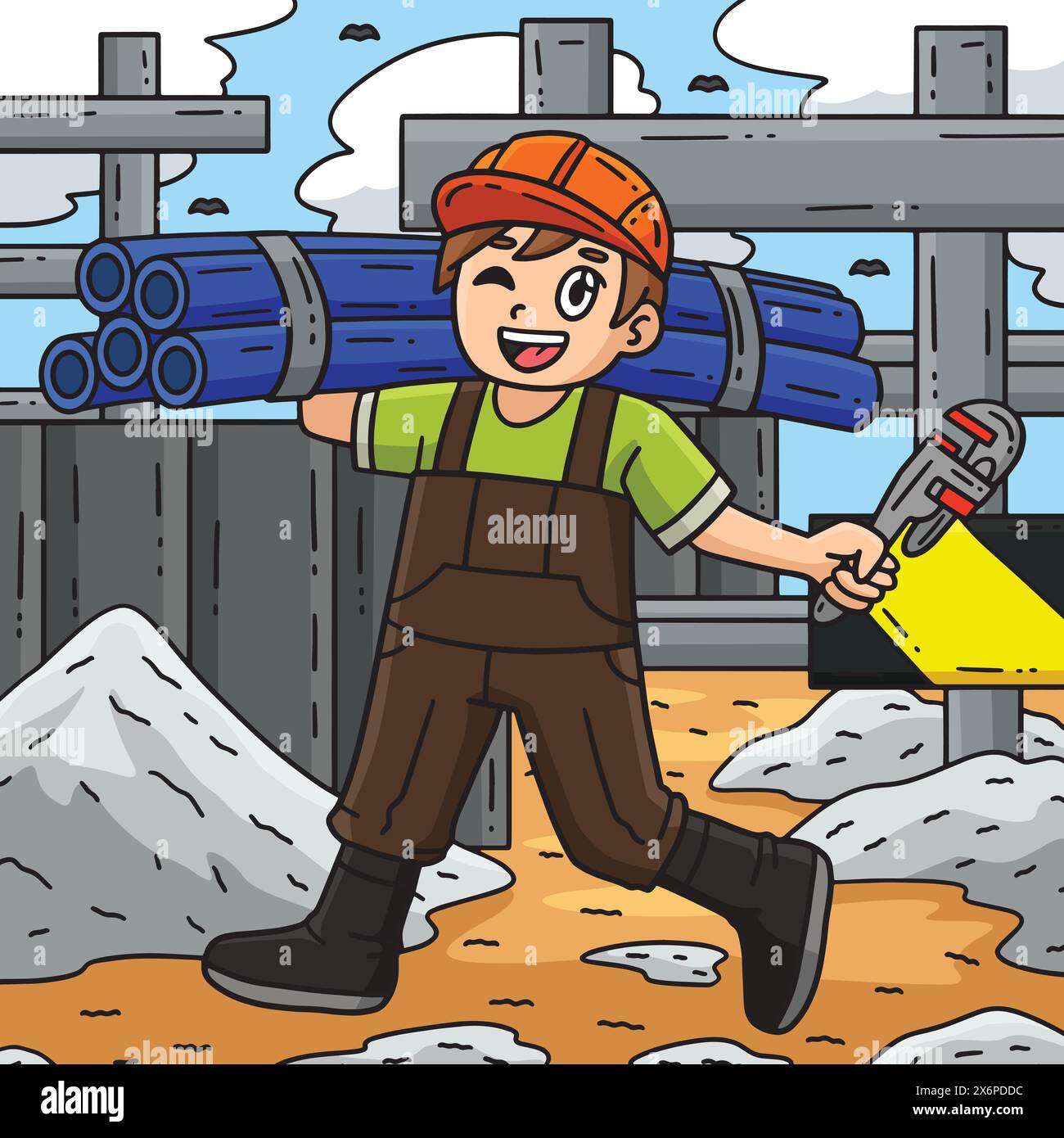 Construction Plumber with a Pipe Colored Cartoon Stock Vector Image ...