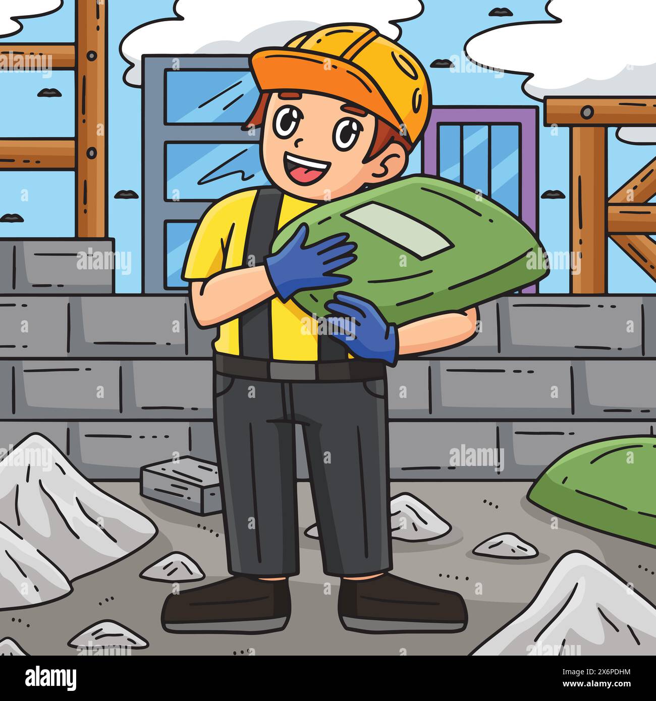 Construction Worker Hauling Cement Colored Cartoon Stock Vector Image ...