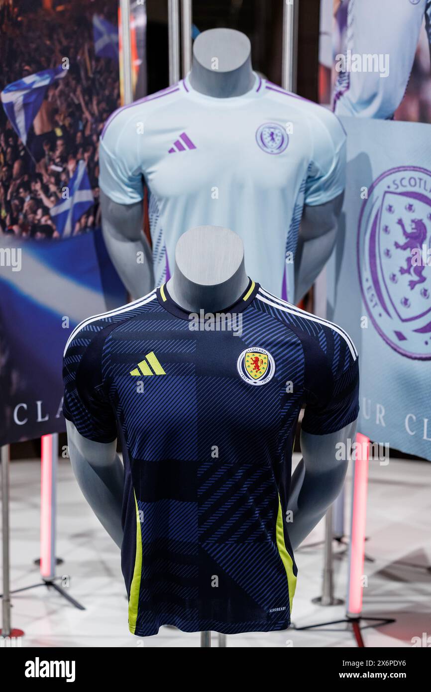 16 May 2024, Bavaria, Fürth: The official jerseys of the Scottish ...