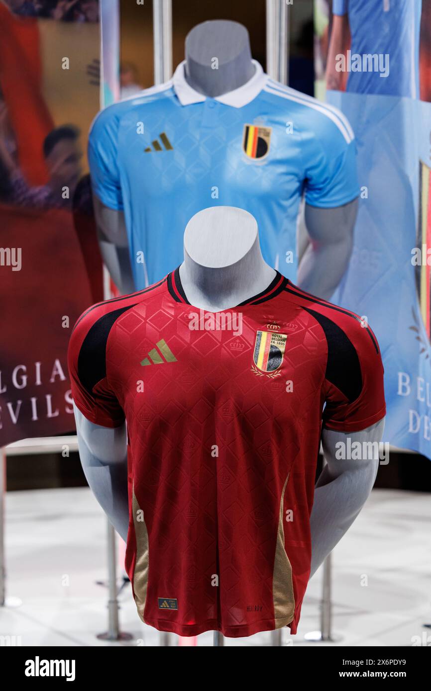 16 May 2024, Bavaria, Fürth: The official jerseys of the Belgian ...