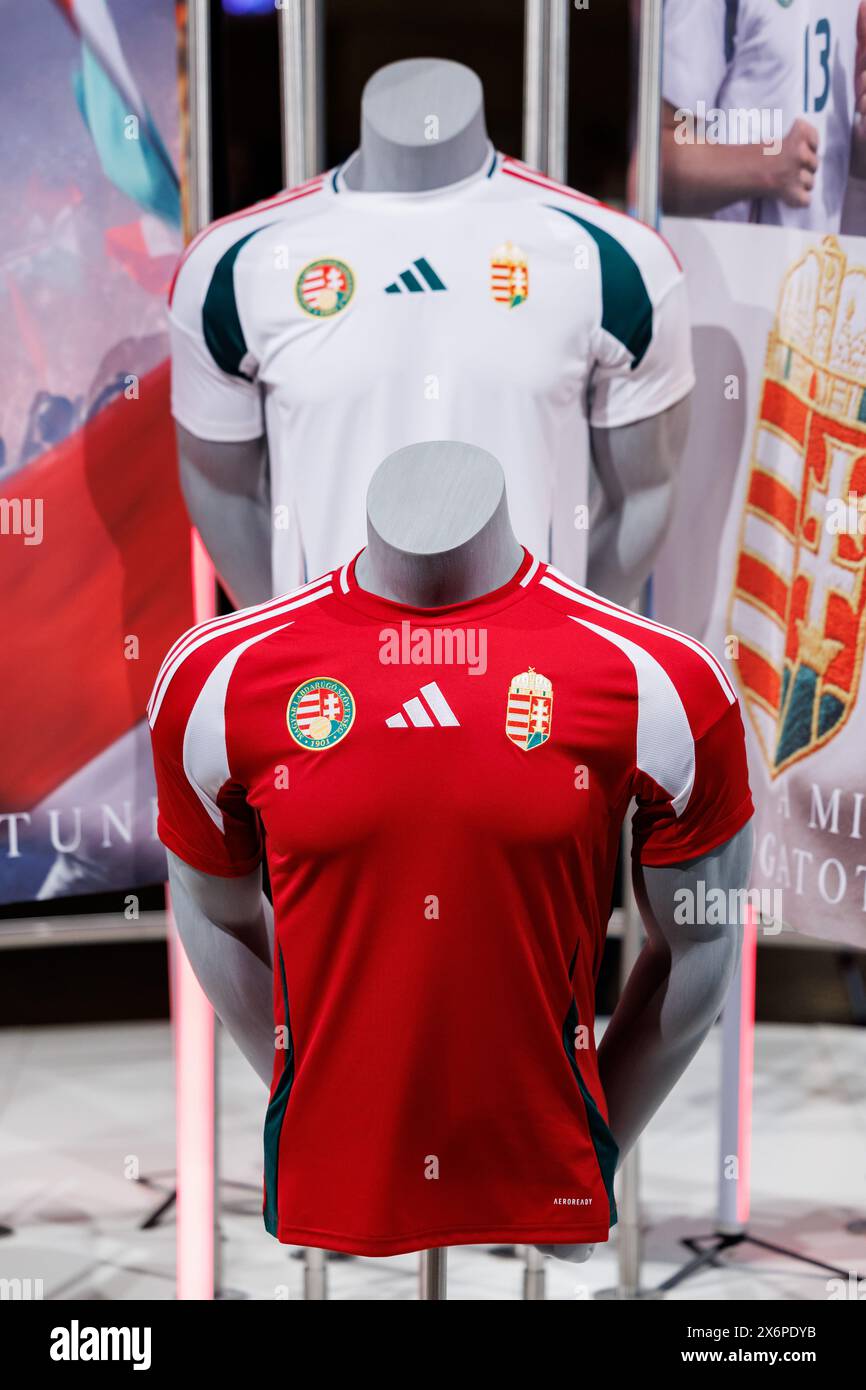 16 May 2024, Bavaria, Fürth: The official jerseys of the Hungarian ...