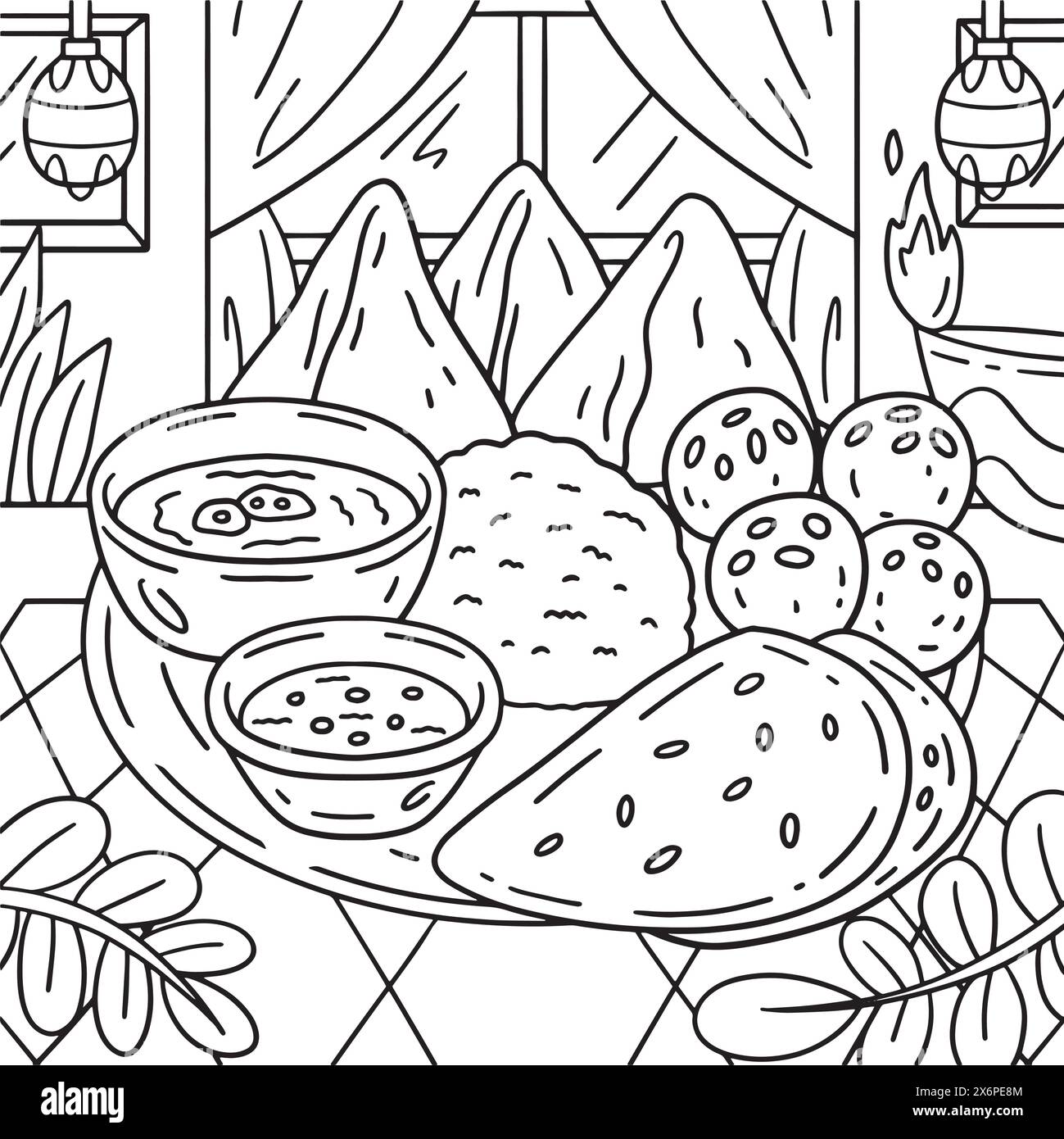 Diwali Food on Thali Plate Coloring Page for Kids Stock Vector Image ...