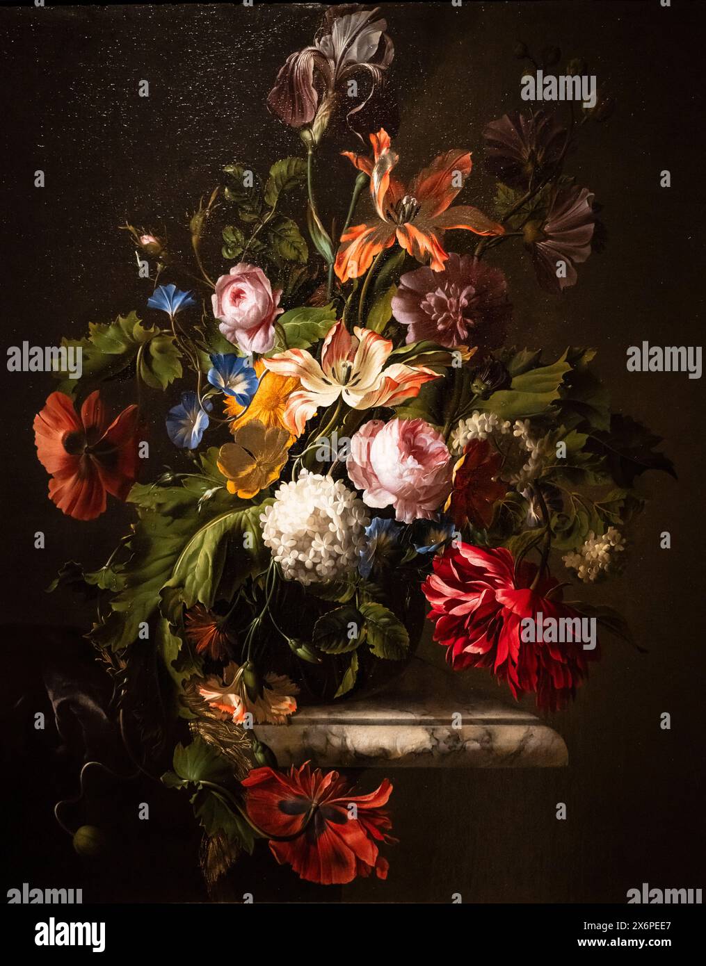 Anna Ruysch, flowers in a glass vase on marble table, oil on canvas ...