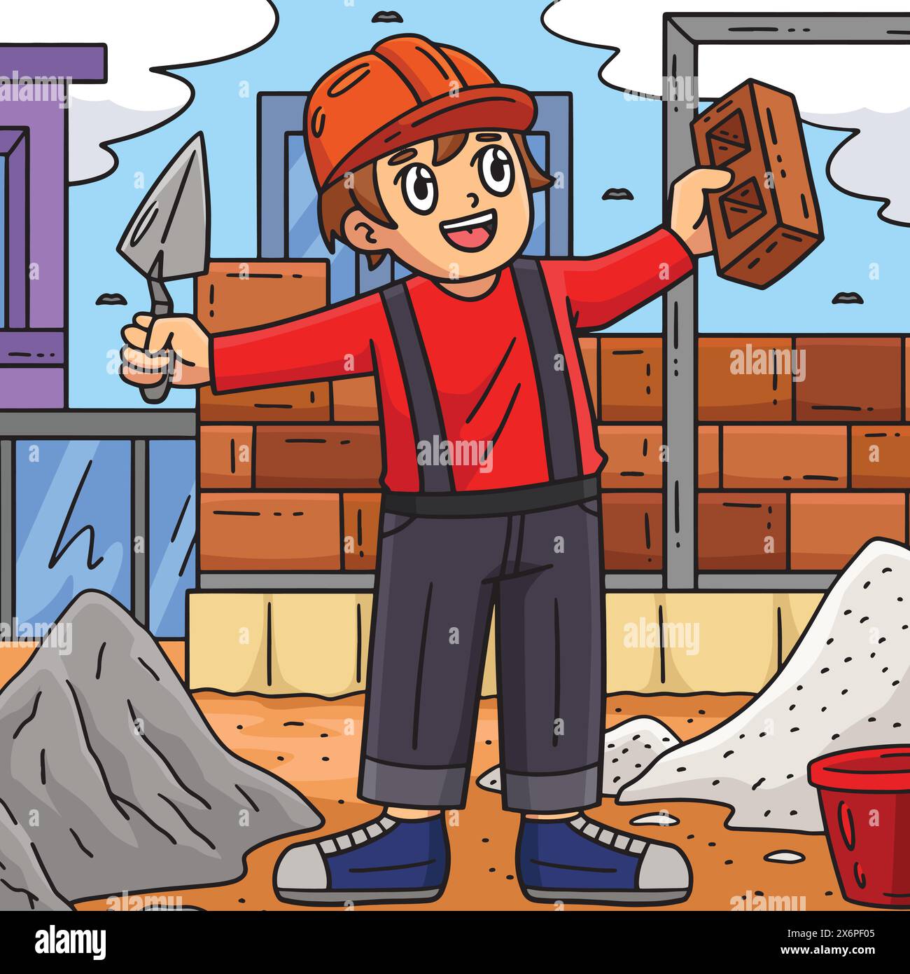 Construction Mason Holding Brick Colored Cartoon Stock Vector Image ...