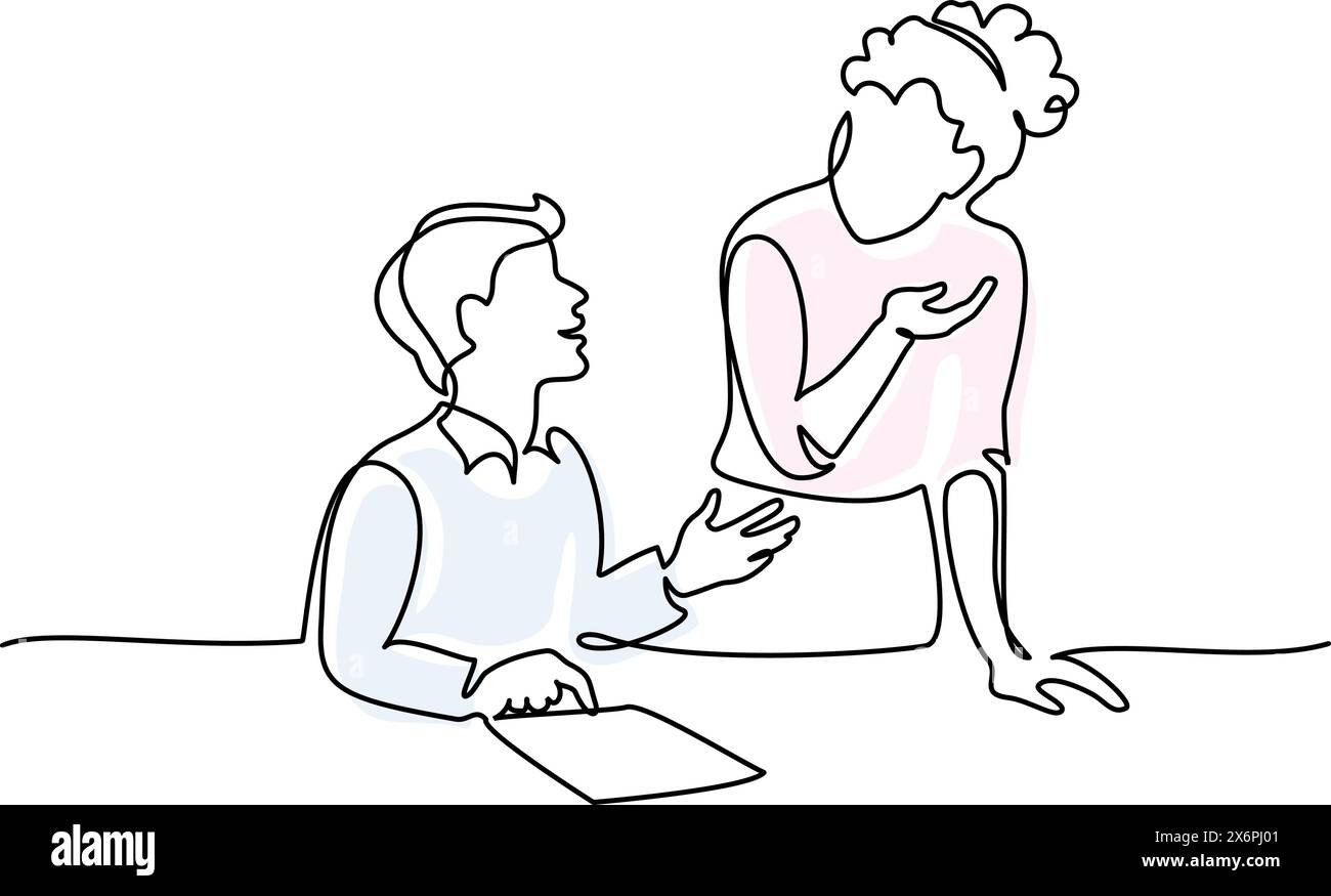 Female teacher explaining a task to a boy student. One line drawing ...