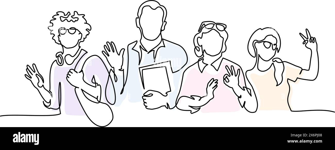 Group of people greeting Hands up. Continuous one line drawing Stock ...