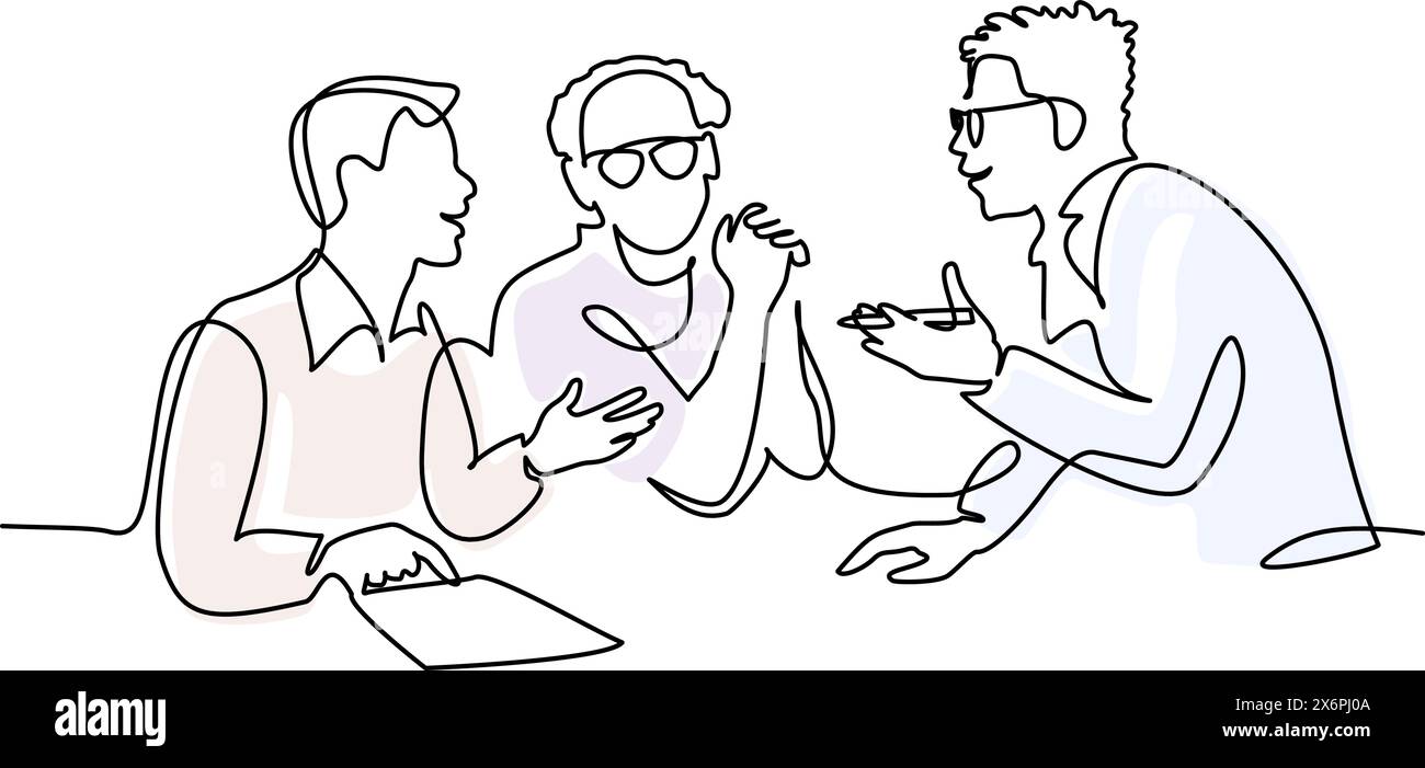 Female teacher explaining a task to a boy student. One line drawing ...