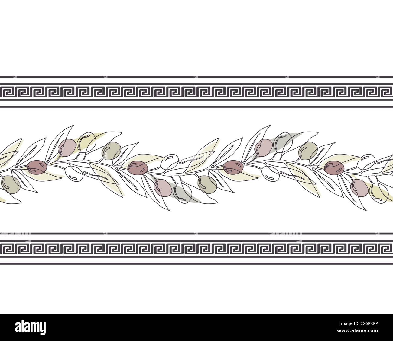 Meander with olive branches and fruits seamless border pattern ...
