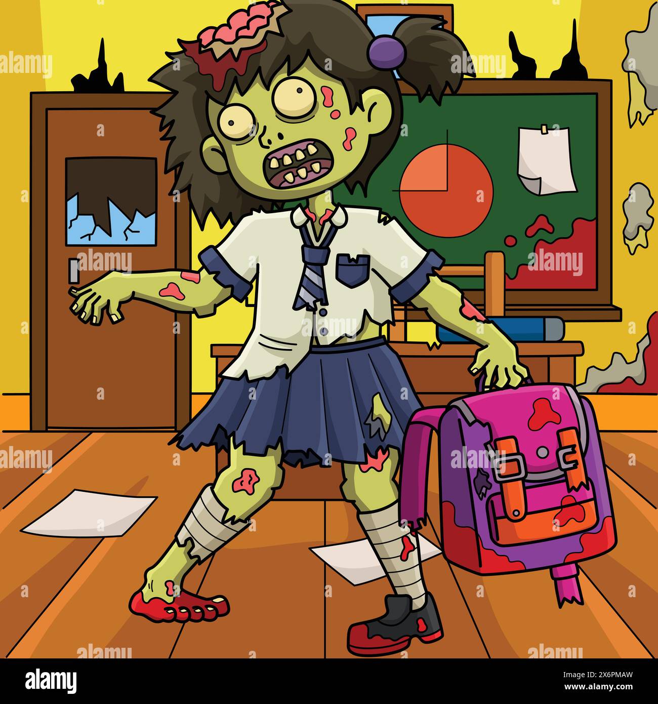 Zombie School Girl Colored Cartoon Illustration Stock Vector Image ...