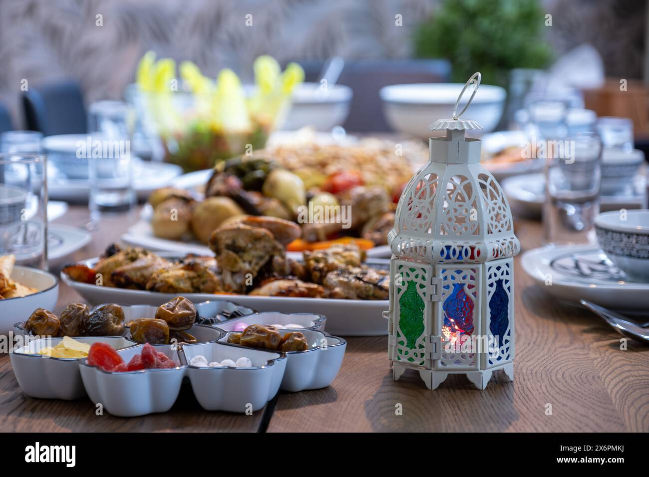 Ramadan lantern and dates on dinner table for taking and eating on ...