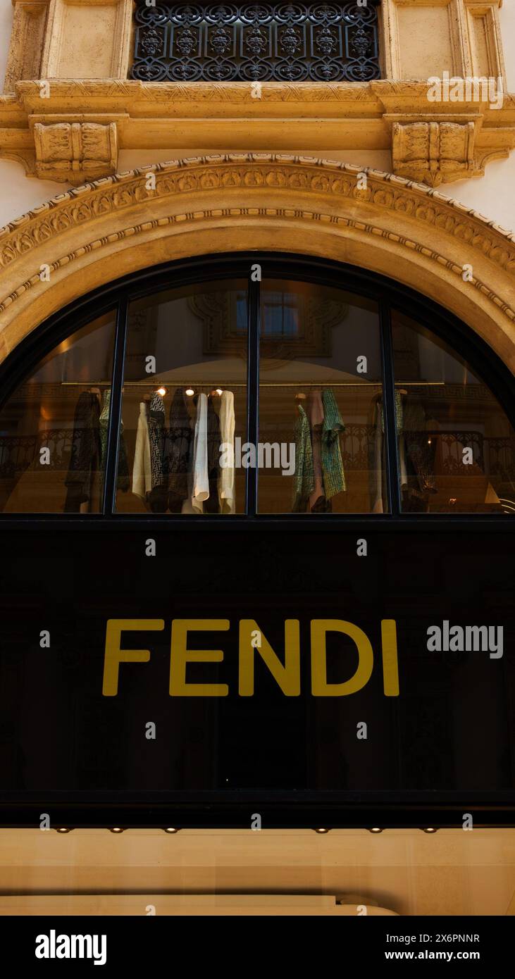 Milan, Italy - 24.04.2024: Fendi showcase located at shopping gallery ...