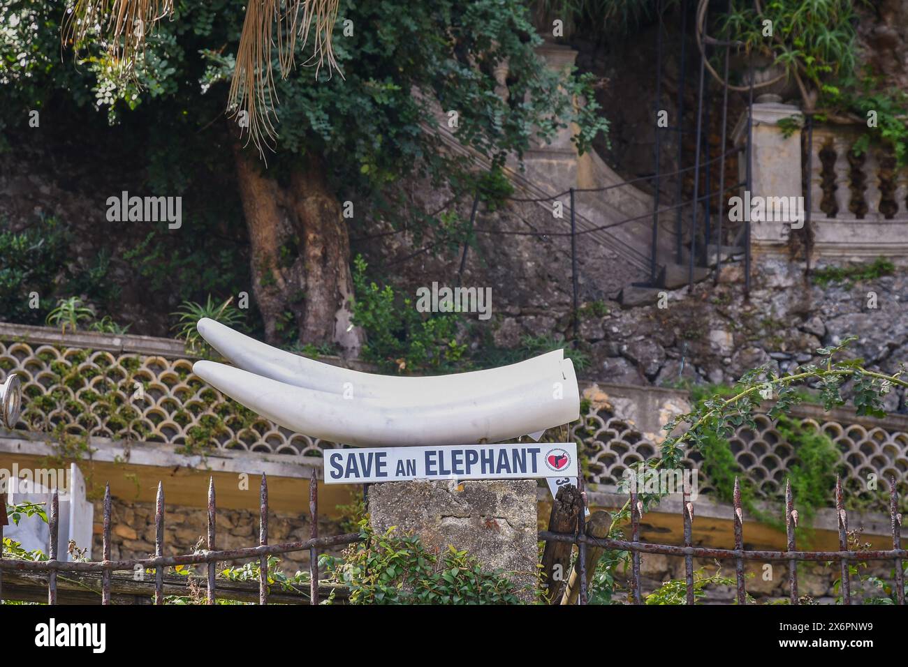 Sculpture representing elephant tusks with the banner "Save an elephant ...