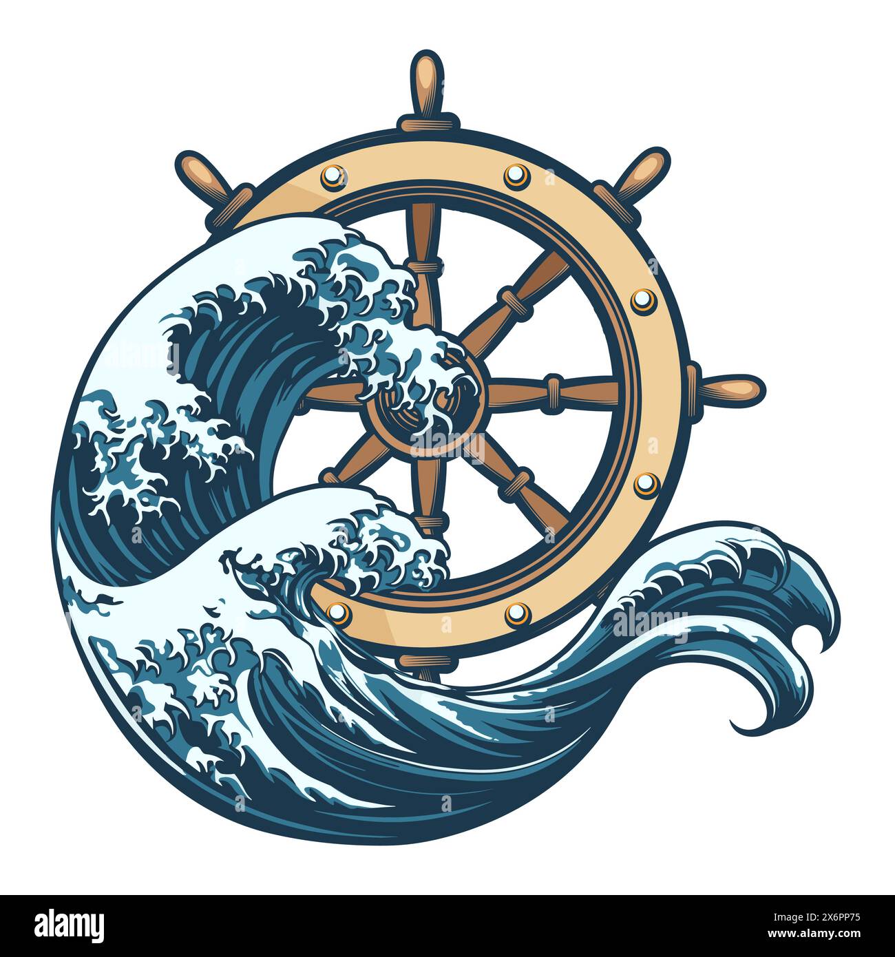 Steering Wheel and Sea Wave Colored Emblem Isolated on White. Vector ...