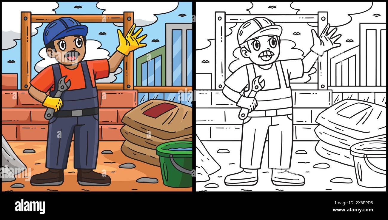 Construction Worker Coloring Page Illustration Stock Vector Image & Art ...