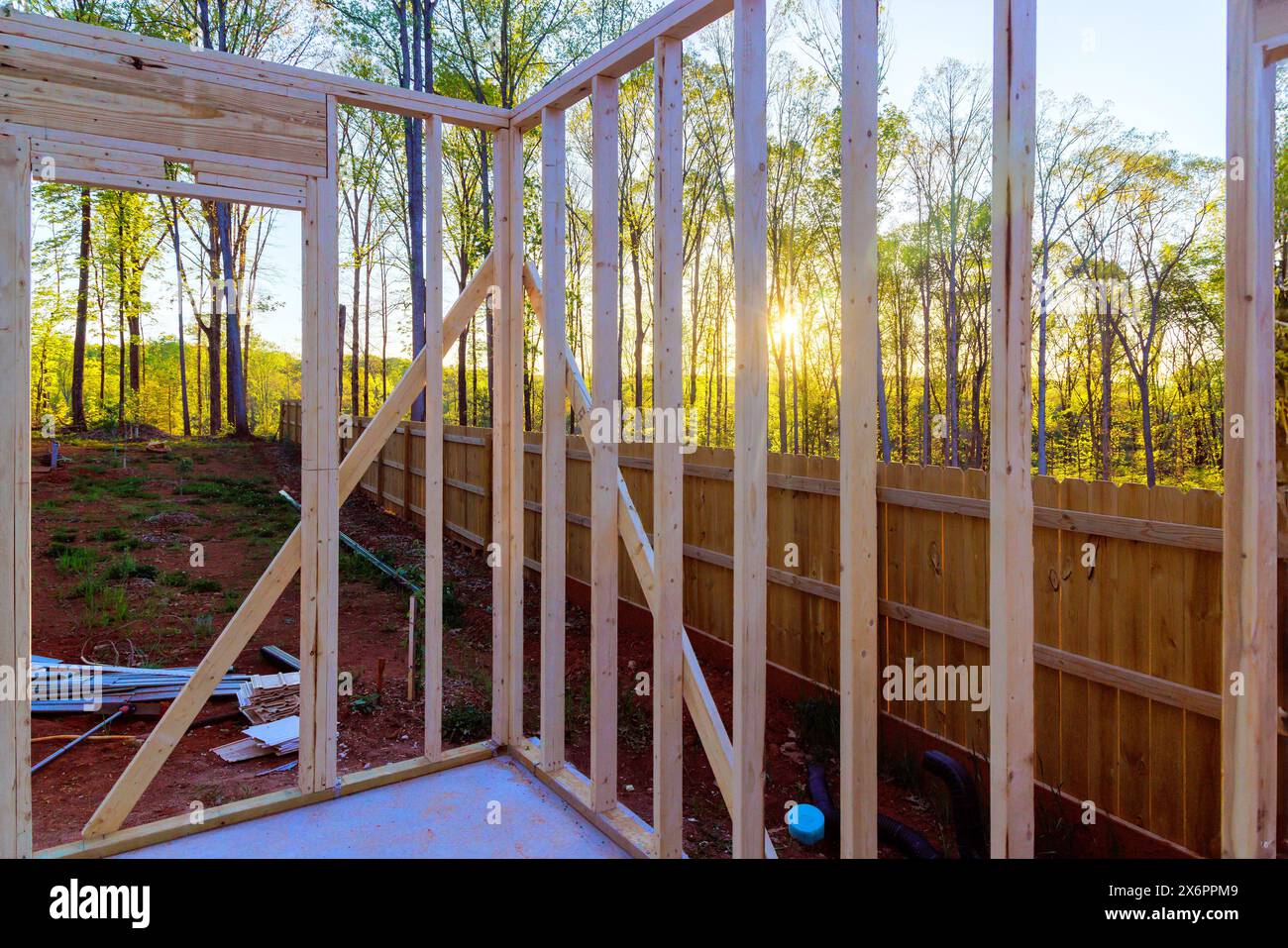 New house wooden framing supports beams studs timber framing with ...