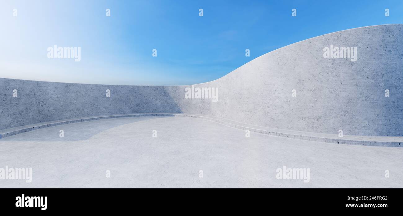 Cloudy blue sky. Concrete wall design with empty concrete space ...